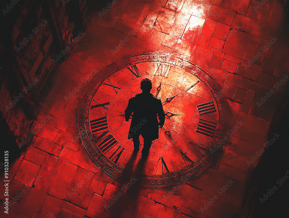 Time Traveler Man walking around large red-illuminated clock face ...