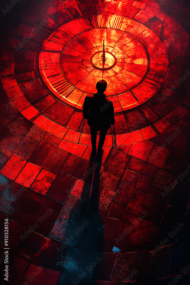 Time Traveler Man walking around large red-illuminated clock face ...