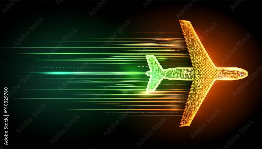 Glowing airplane shape in green and orange colors on black background ...