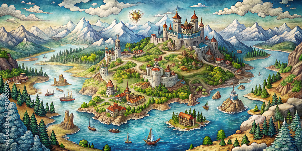 Whimsical hand-drawn fantasy map features medieval-inspired ...