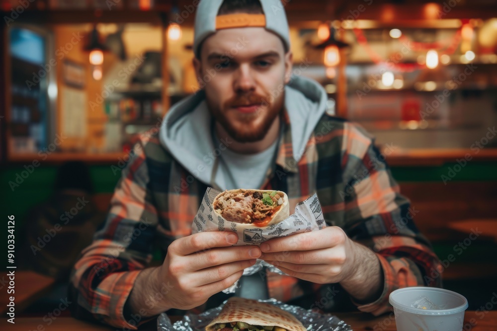Man eating burritos One man, male sitting in fast food restaurant on ...