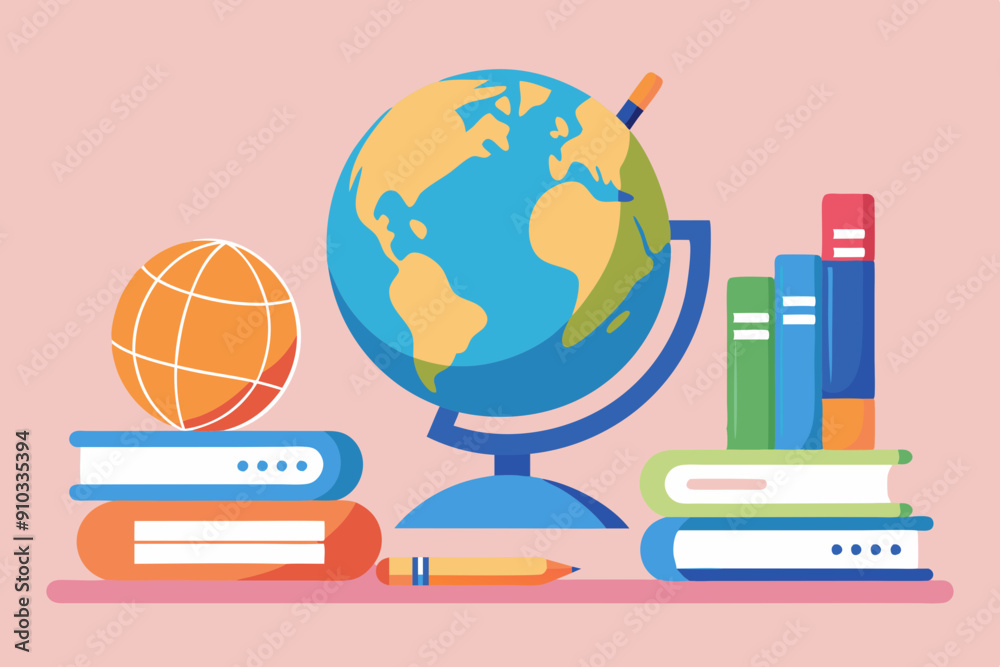 Books and globes on a shelf representing geography and education Stock ...