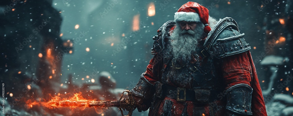 Santa Claus dressed in a dark armored suit holding a fiery sword ...
