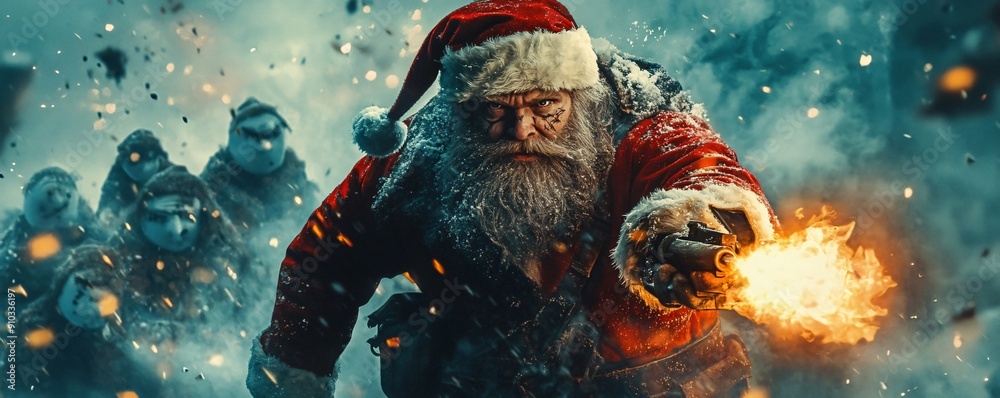Santa Claus with battle scars and a rugged physique carrying a ...