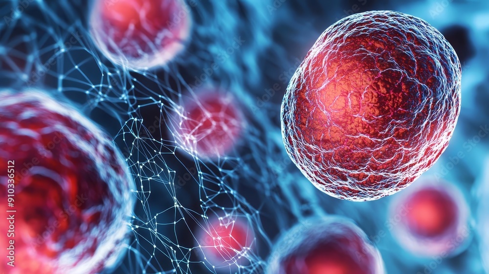 Microscopic view of stem cells undergoing transformation, displayed on ...