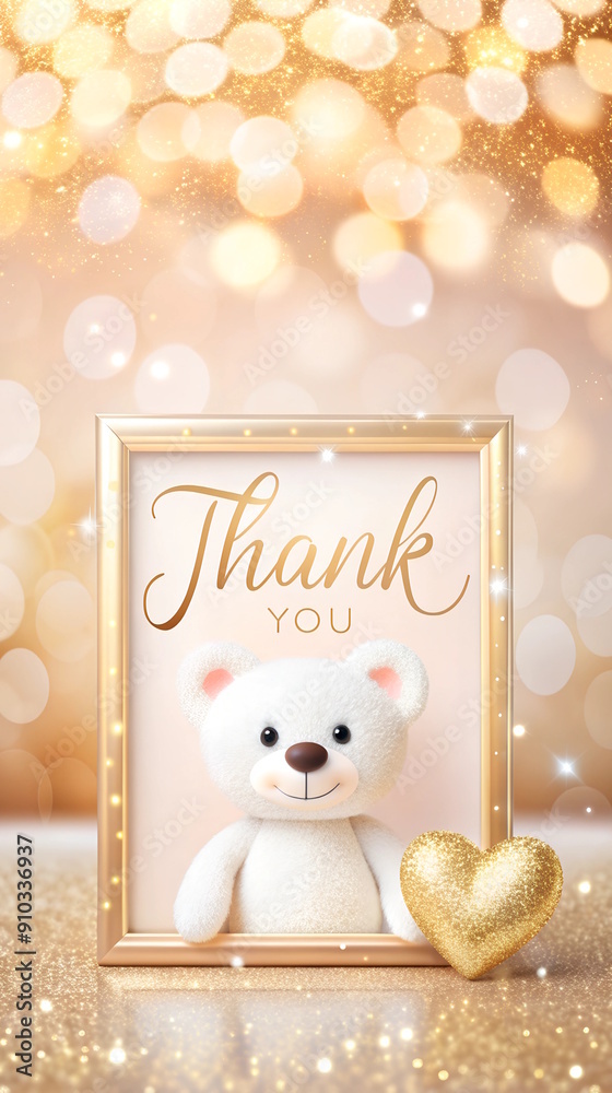 Teddy Bear and Frame with THANK YOU golden text, blurred glitter ...