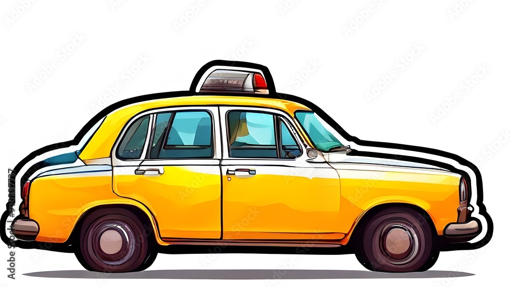 Cartoon taxi cab illustrated on a white background, showcasing vibrant ...