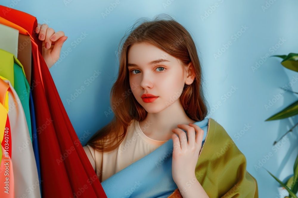 Girl holds fabric samples to face, personal stylist consultation, color ...