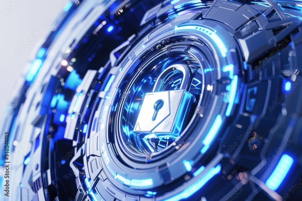 lock symbol in digital security circle, blue color on white background ...