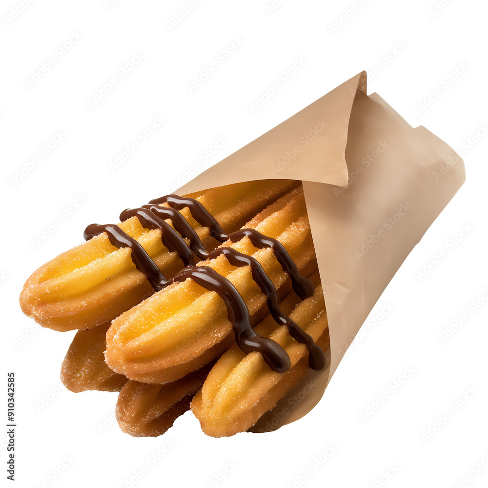 Churros with chocolate topping wrapped in paper to take away. Isolated ...