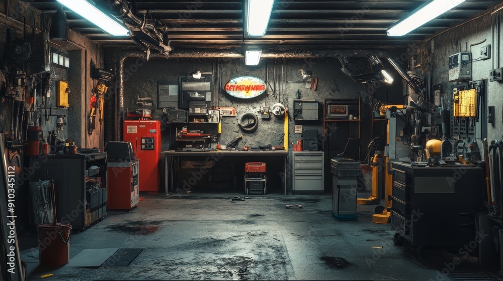 high-resolution, ultra-realistic, 4K, cinematic image of a repair shop ...