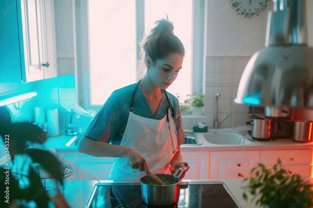 Female nurse's cooking a meal after the shift at the hospital Photo of a female healthcare ...