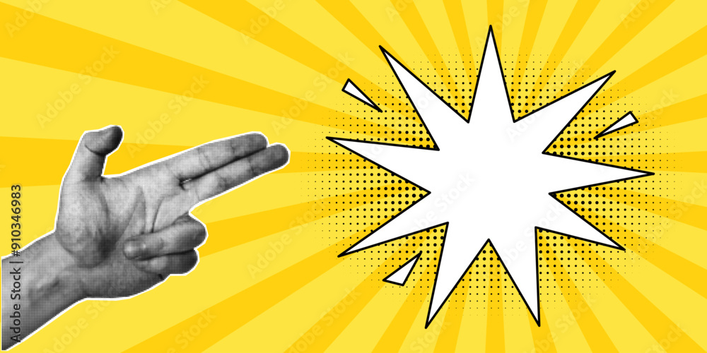Halftone collage, hand gesture in the shape of a gun, empty speech ...