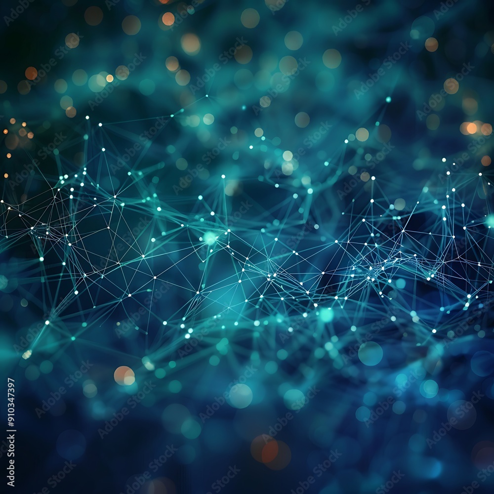 Abstract blue green technology background with a cyber network grid and ...