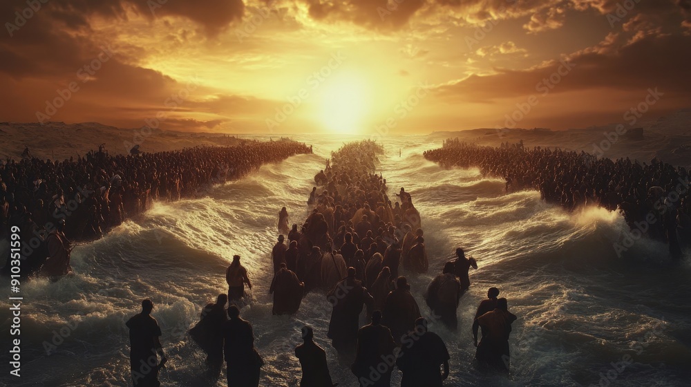 Powerful Image of the Exodus with a Mass of People Crossing the Parted ...