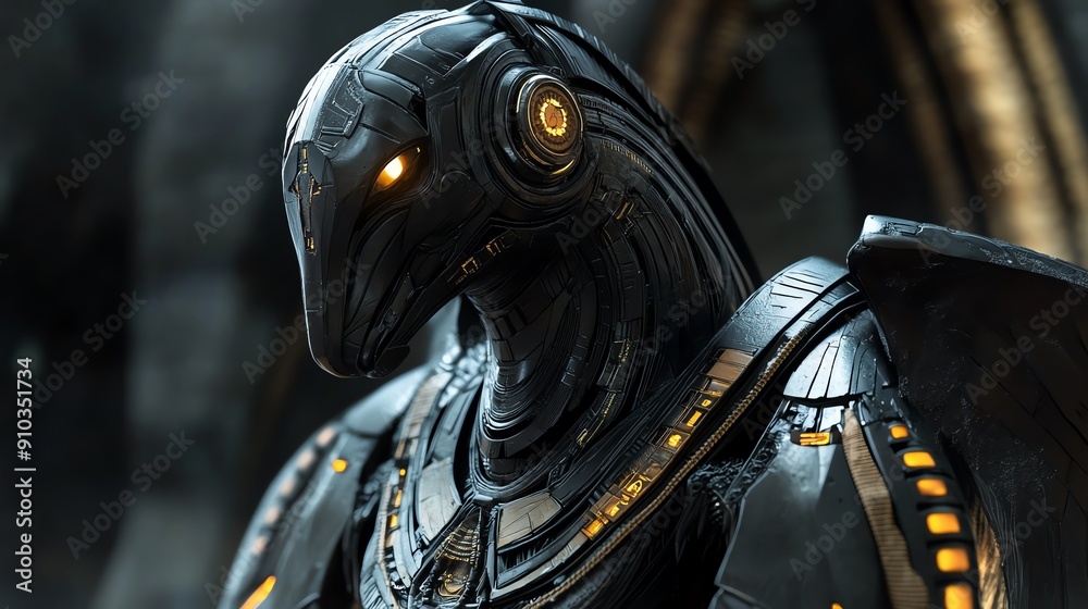Futuristic robotic bird character with glowing eyes and intricate ...