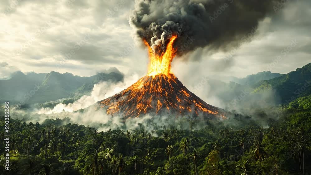 Erupting volcano in jungle. Natural disaster, cataclysm concept. Nature ...