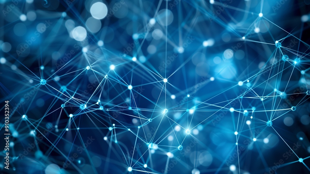 Network of interconnected lines and nodes on a blue bokeh background, symbolizing connectivity ...