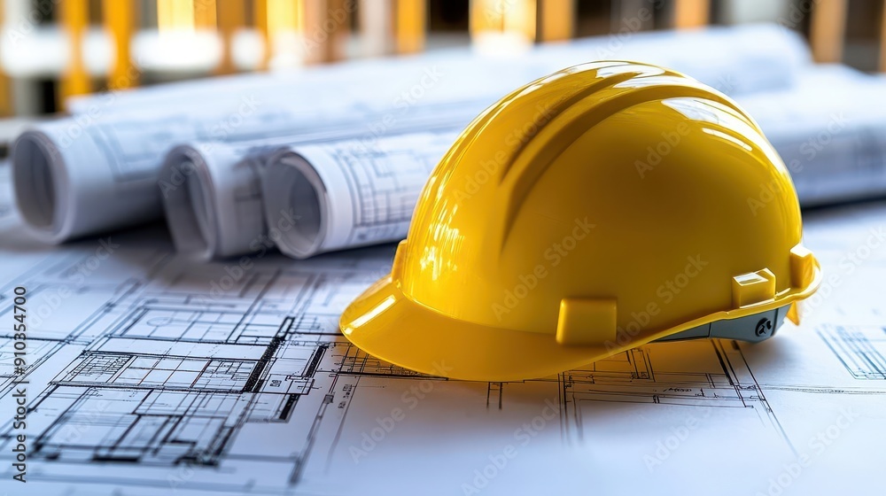 architectural blueprints and a yellow safety helmet arranged on a ...