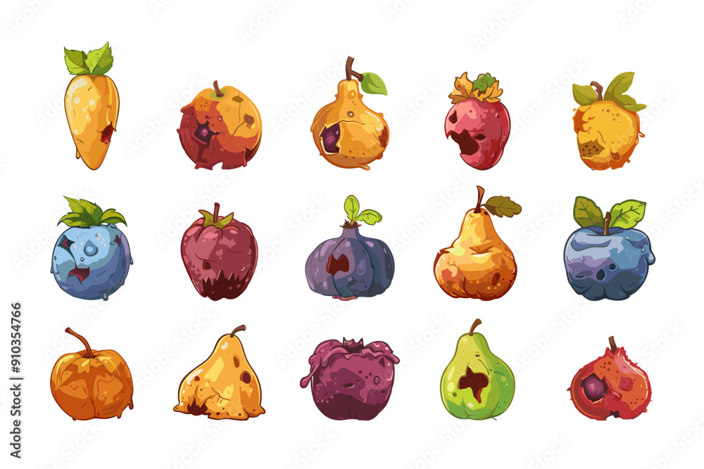 Spoiled food cartoon vector set. Zucchini apple cucumber pepper tomato ...