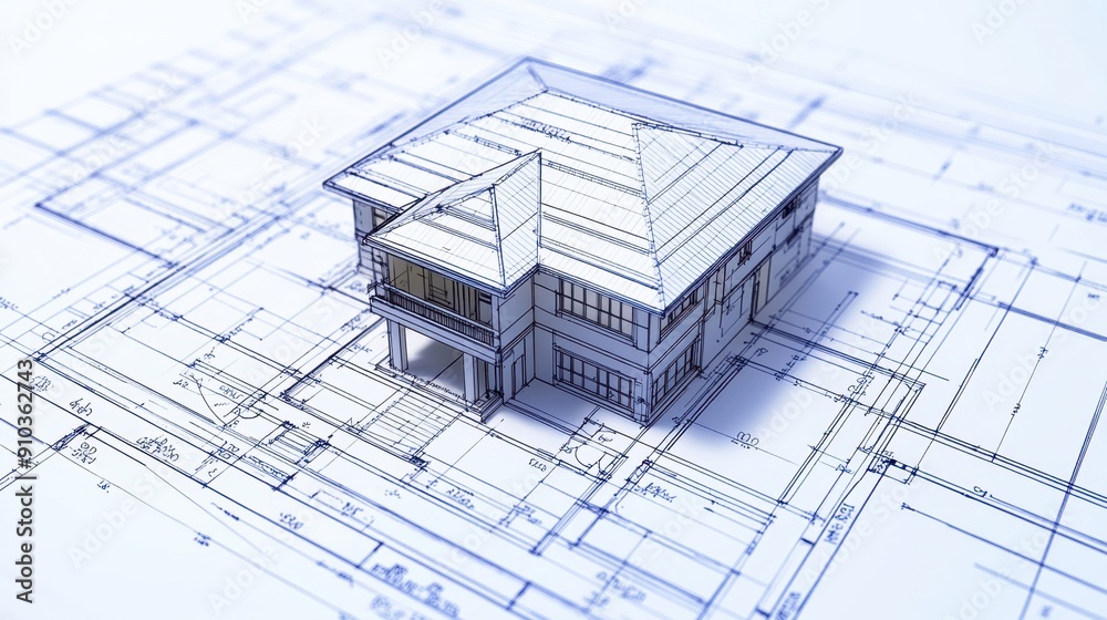 Blueprint plans of a residential building, detailed architectural ...