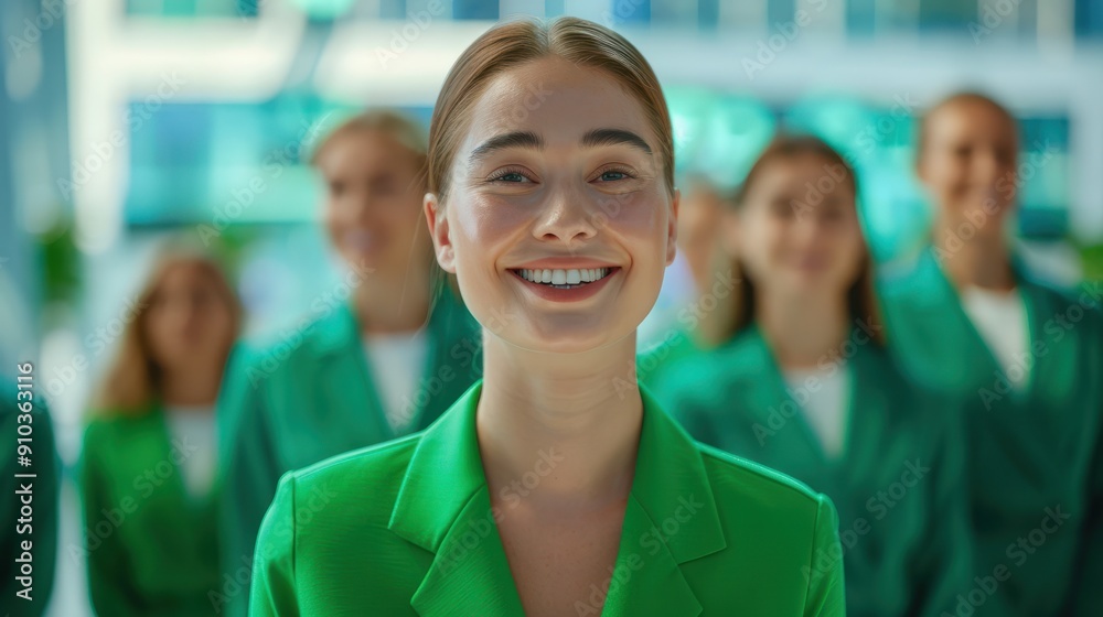 Une femme en costume vert souriante au premier plan devant un groupe de ...