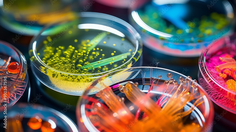 Colorful variety of microorganisms inside petri dish plate in ...