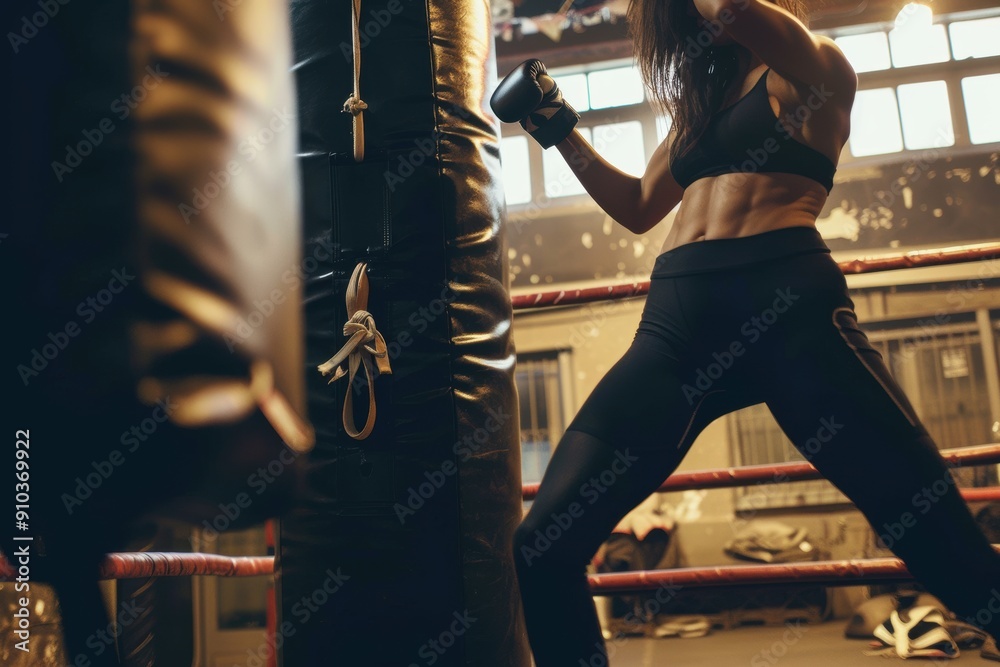 Kick box instructor looking how woman kick boxer is kicking punching ...