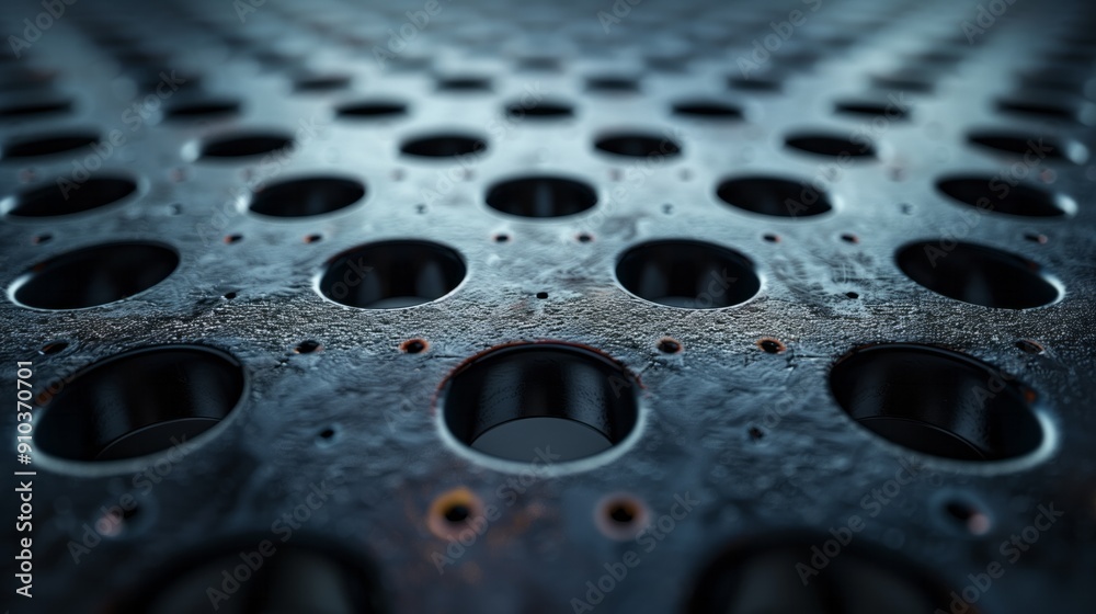 Macro metal texture with holes. Iron gray perforated background.Circles ...