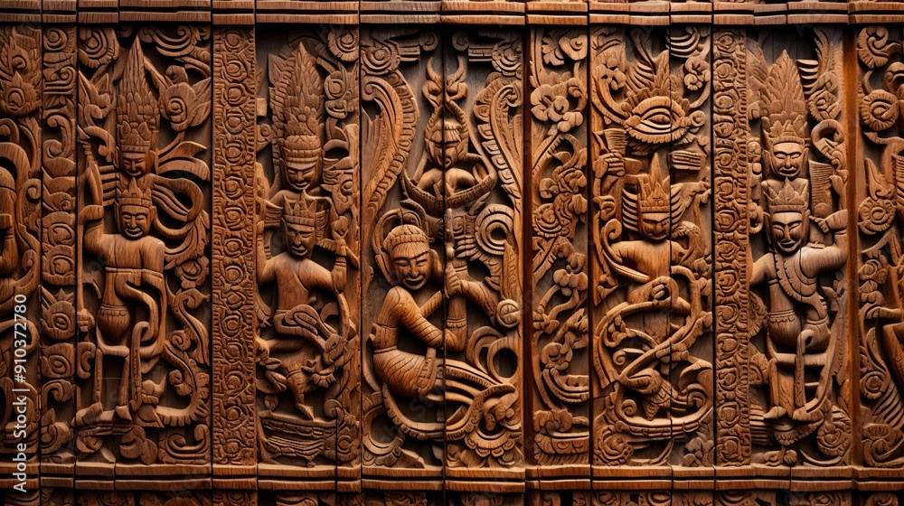 wood carvings, detailed displays of carved wood, decorations depicting ...