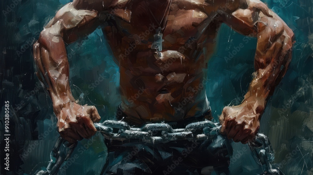 Hombre musculado y valiente rompe cadenas con fuerza y determinaciÃ³n ...