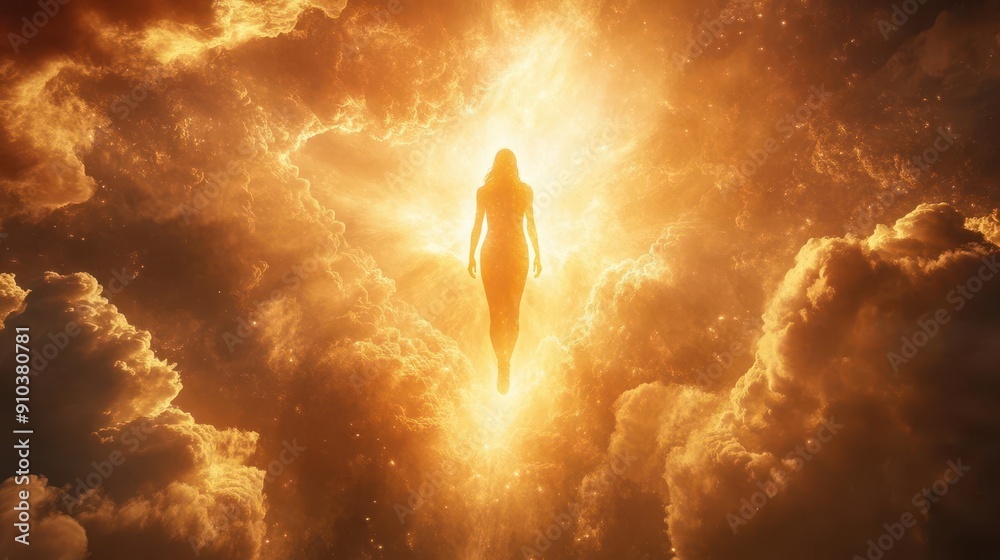 ethereal celestial ascension radiant figure rising golden light beams ...