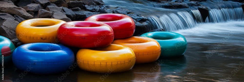 Colorful Inner Tubes by a Waterfall for a Fun Summer Day - A group of ...