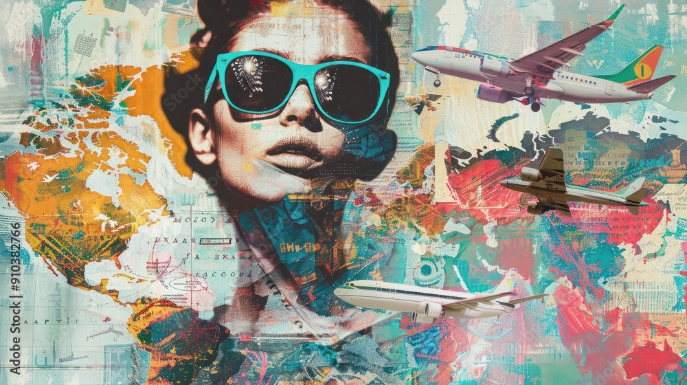 Modern travel-themed collage featuring a monochromatic portrait of a ...