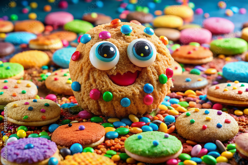 Adorable furry monster with googly eyes and a sweet tooth devouring a ...