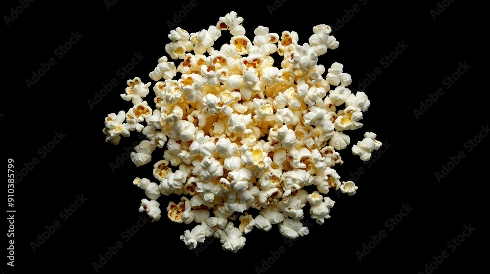 Scattered salty popcorn on a black background, where the white color of ...