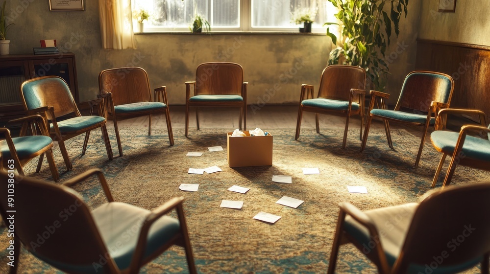 Group Therapy Session in a Vintage Room with Chairs Arranged in a ...