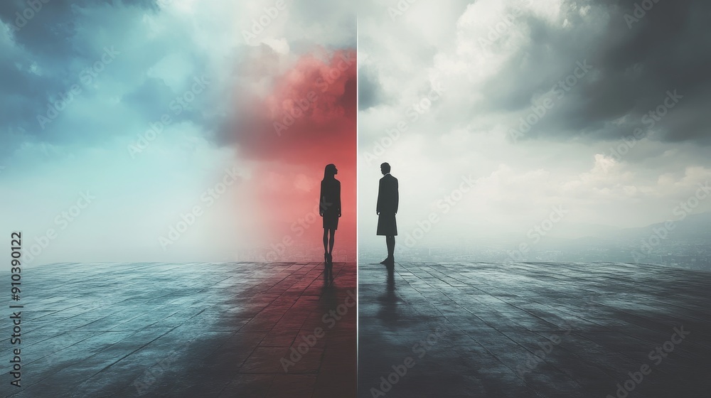 Silhouettes of Two People Standing Back to Back on a Divided Horizon ...