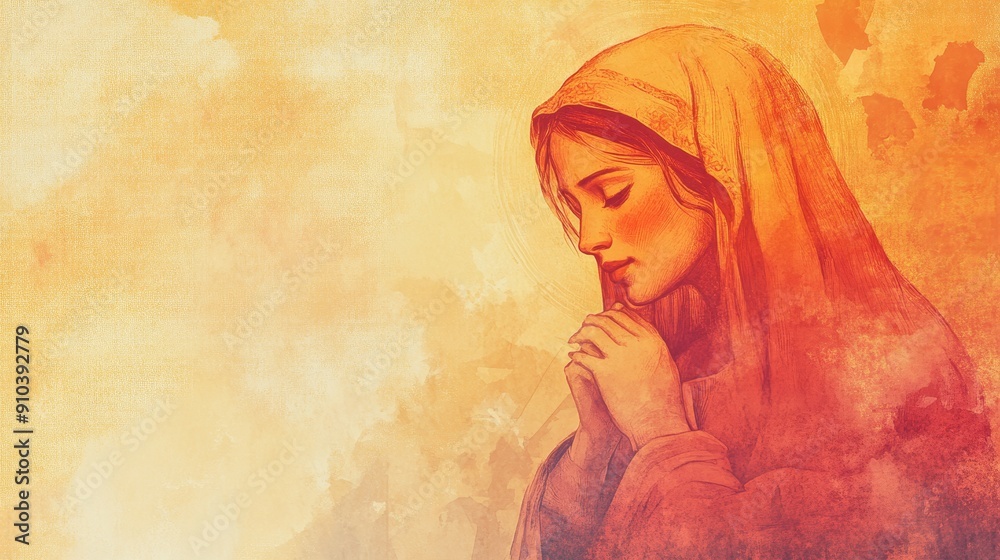 Woman Praying in Watercolor Style - A woman in a red headscarf is ...