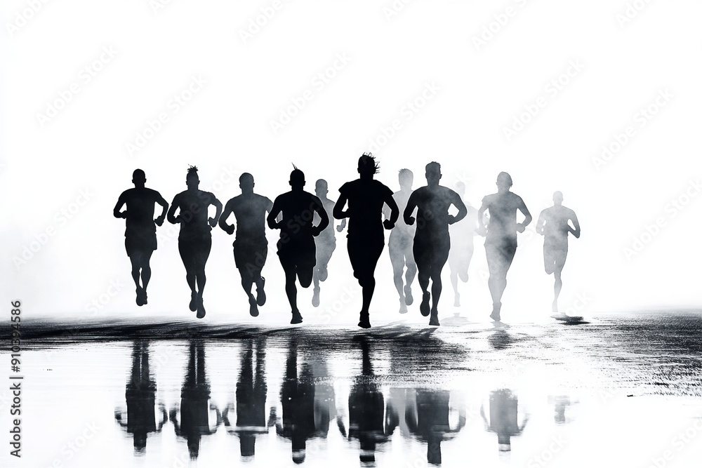 silhouette of a group of runners running together, white background ...