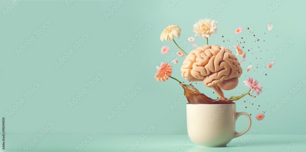 Human brain, coffee splash from a cup, flowers growing from mind ...