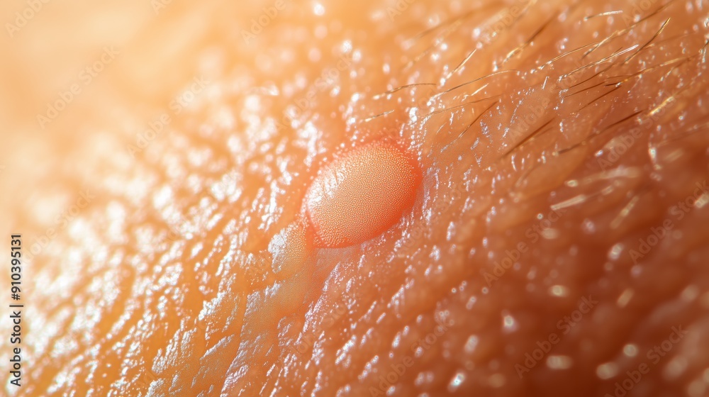 Macro of skin with wasp or insect sting mark with small swelling and ...