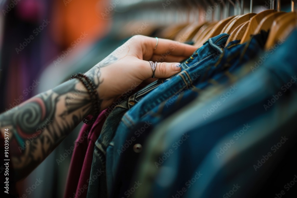 Woman Looking Through Clothing A close up shot of a woman's hand ...