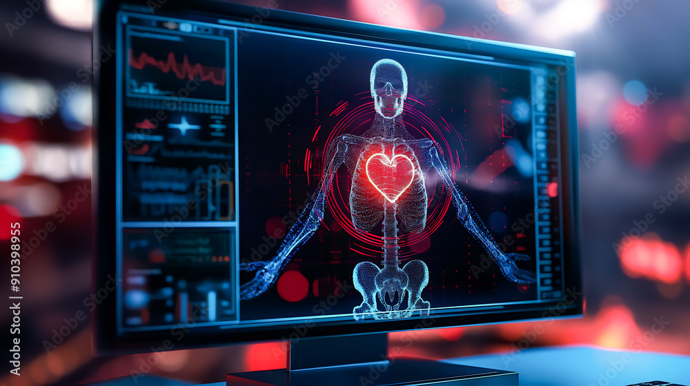 A computer monitor displays a skeleton with a heart, Futuristic ...