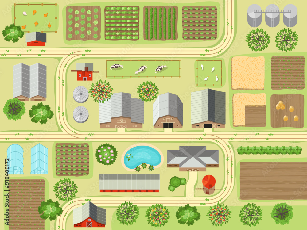 Village top view. Rural landscape background farm buildings and gardens ...