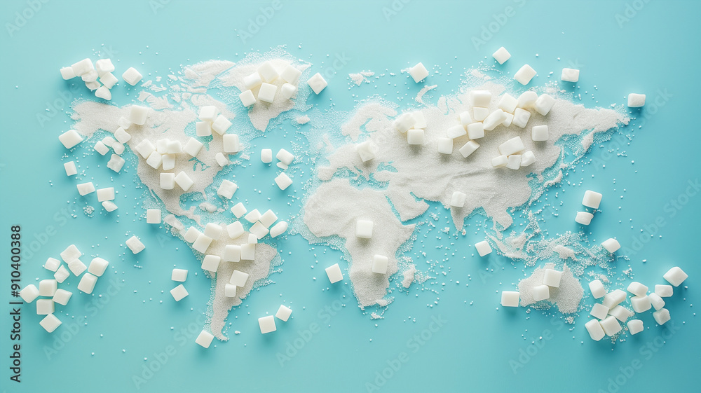 World map made from white refined sugar, international diabetes day ...