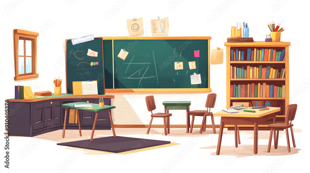 math classroom interior, school classroom with teacher table and desks ...