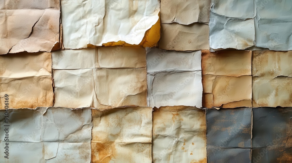 artistic arrangement of worn yellowed paper sheets with torn edges and ...