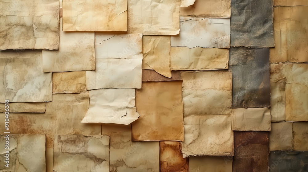 artistic arrangement of worn yellowed paper sheets with torn edges and ...
