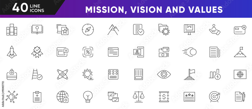 Mission, vision, and values line icon set. Power, Quality, Reliability ...